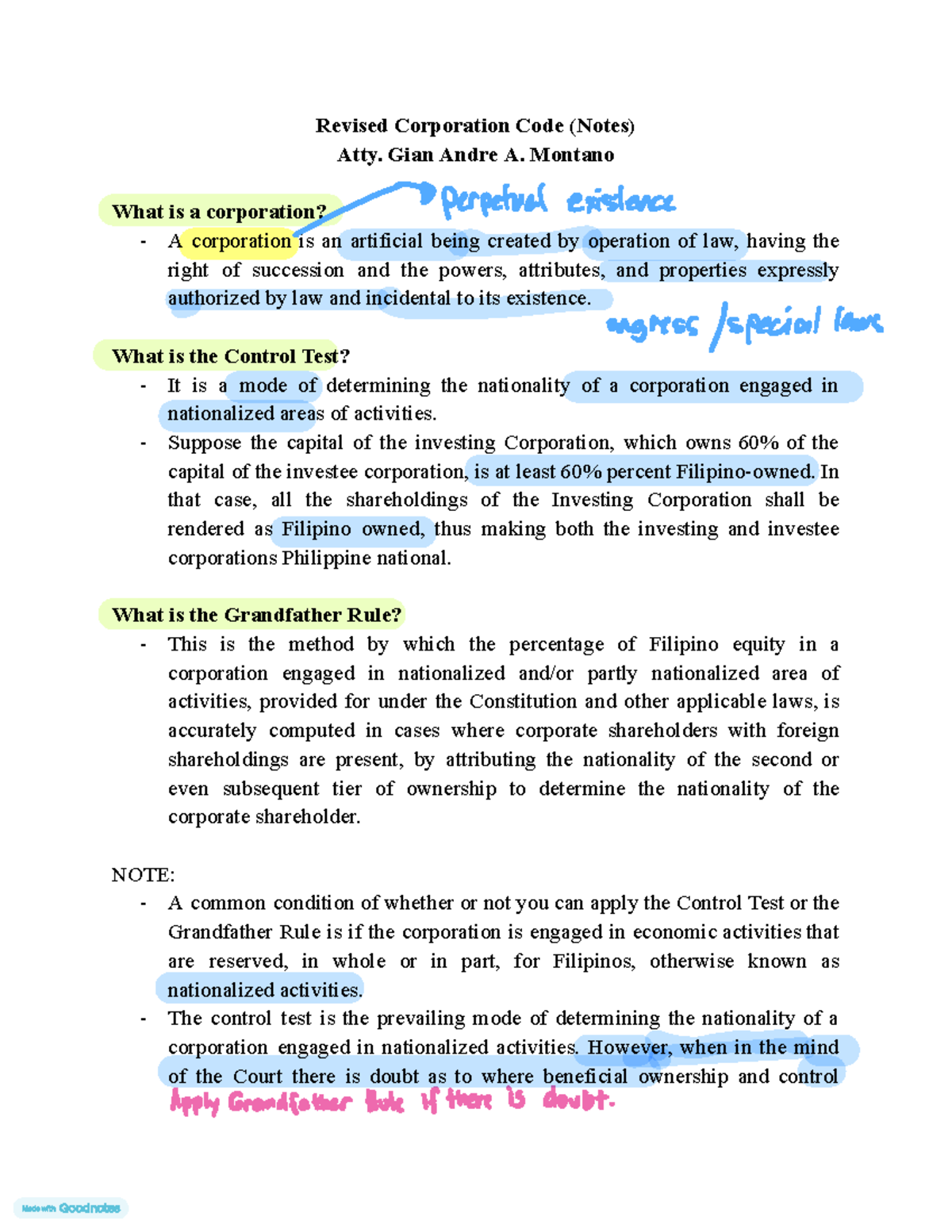 Revised Corporation Code (Notes) - Key Concepts & Doctrines - Studocu