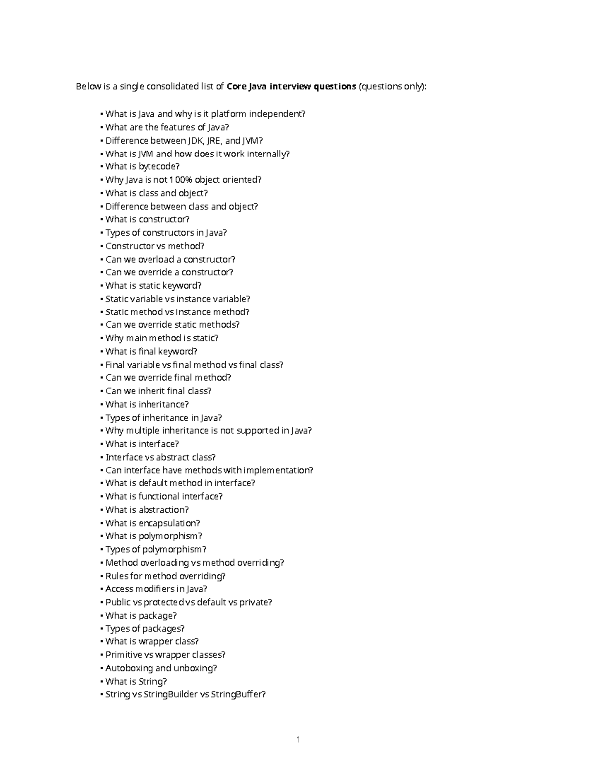 Core Java Interview Questions Compilation - Essential Guide - Studocu