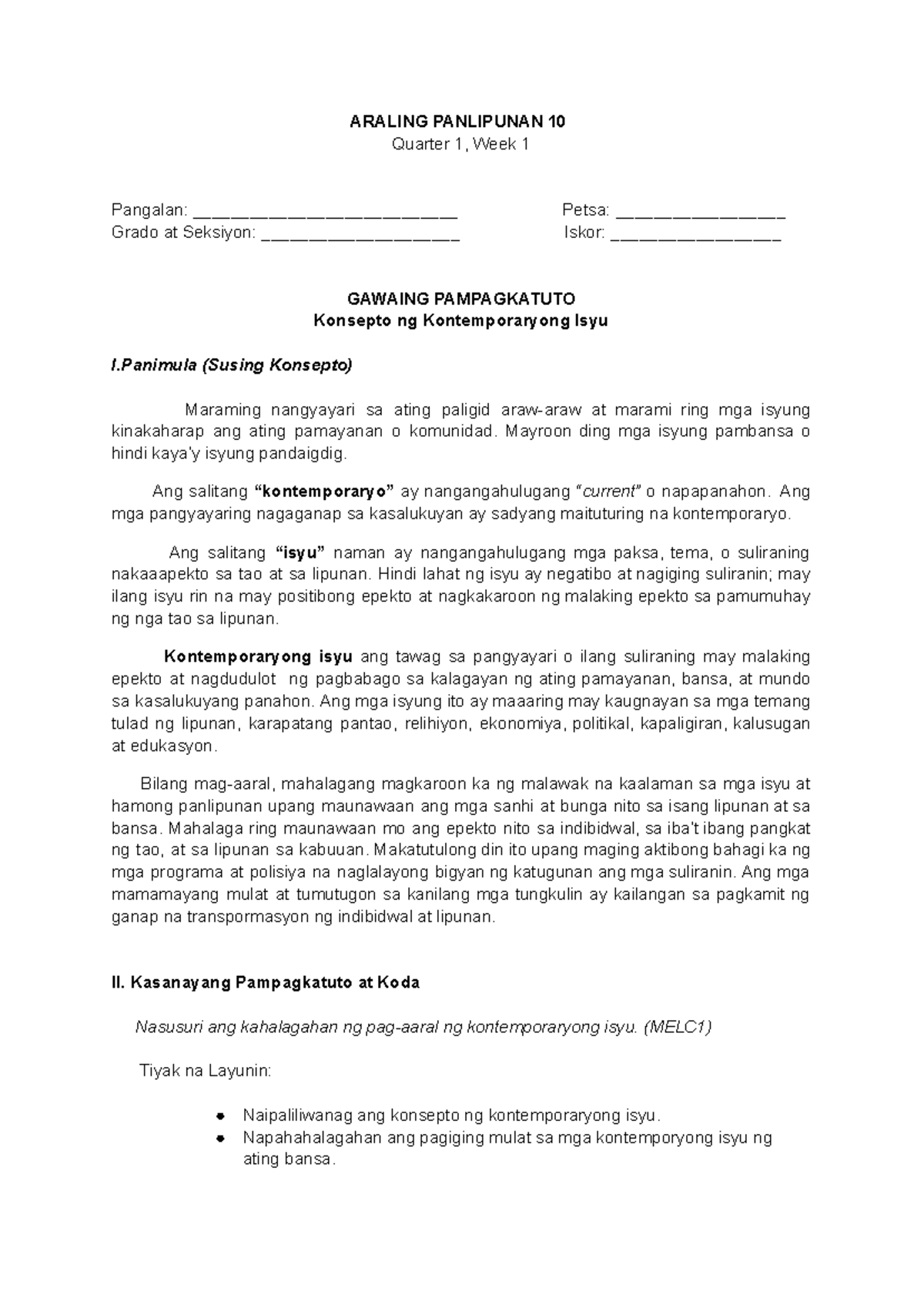 LAS AP10 Q1 W1.docx - LEARNING ACTIVITY SHEETS - ARALING PANLIPUNAN 10 Quarter 1, Week 1 ...