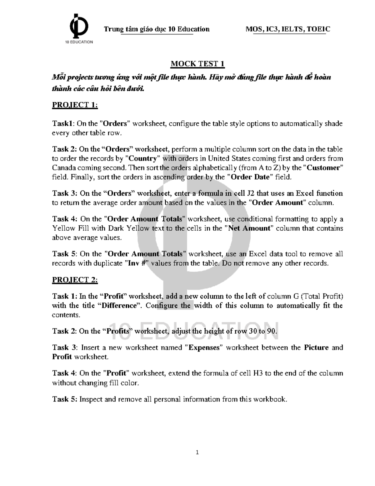 MOCK TEST 1 - Excel Task Practice for Better Understanding - Studocu