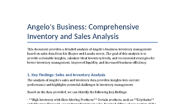 Business: Inventory & Sales Analysis Report for Angelo - Studocu