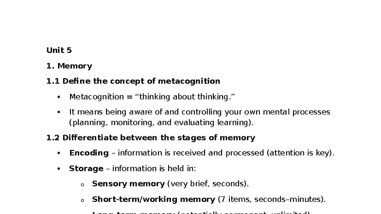 Unit 5 & 6 Study Notes: Memory, Intelligence, and Motivation Concepts ...