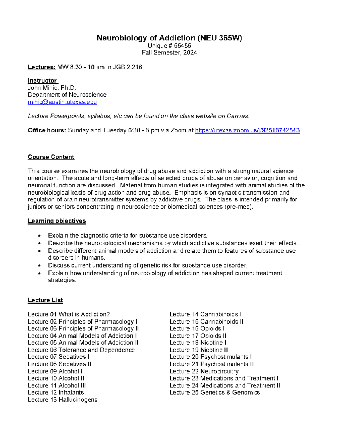 Neurobiology of Addiction Lecture Notes - NEU 365W (Unique #55455 ...
