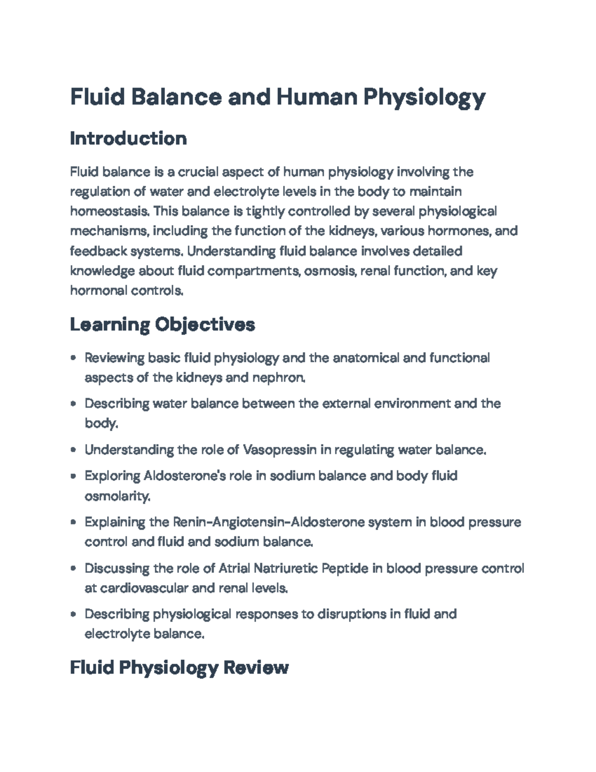 Fluid Balance in Human Physiology: Review Notes for PHYS 101 - Studocu