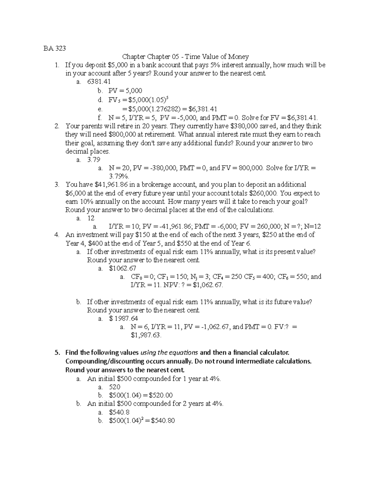 BA 323 Chapter 5 Time Value of Money Homework Questions and Answers for ...