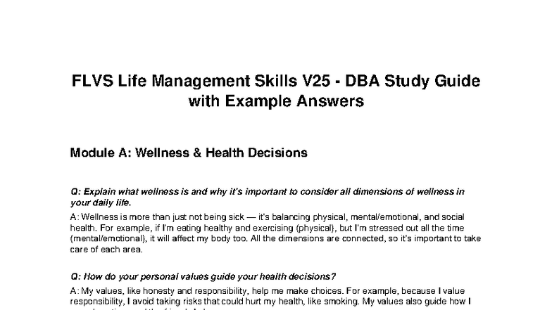 FLVS Life Management Skills V25 DBA Study Guide: Wellness & Health ...