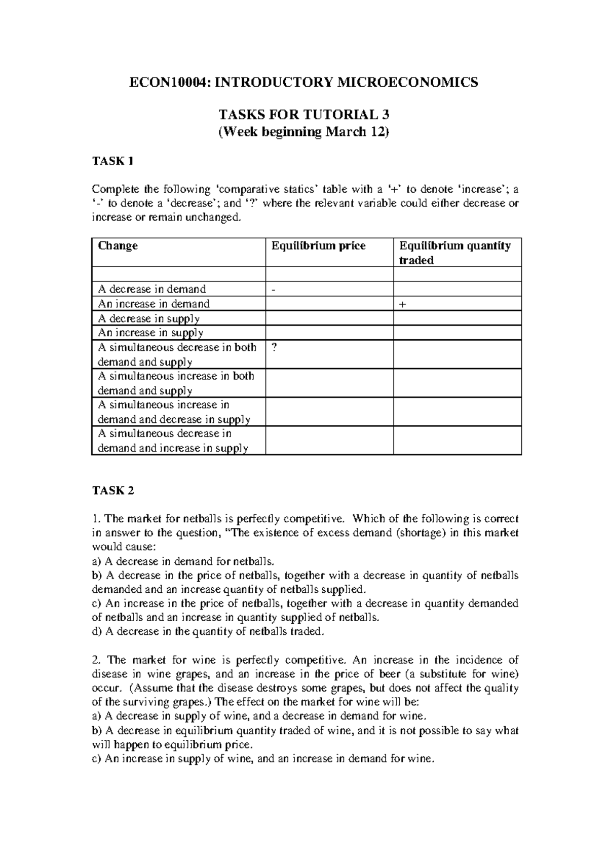 Complete tutorials - ECON10004: INTRODUCTORY MICROECONOMICS TASKS FOR ...