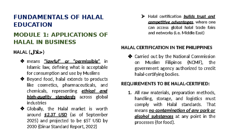 FUNDAMENTALS OF HALAL EDUCATION MODULE 1: BUSINESS APPLICATIONS AND ...