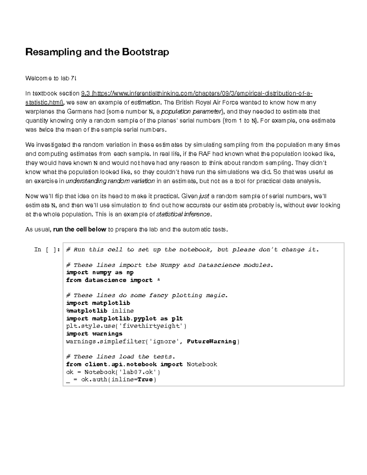 Pdf-7 - LAB 7 ANSWERS - Resampling and the Bootstrap Welcome to lab 7 ...