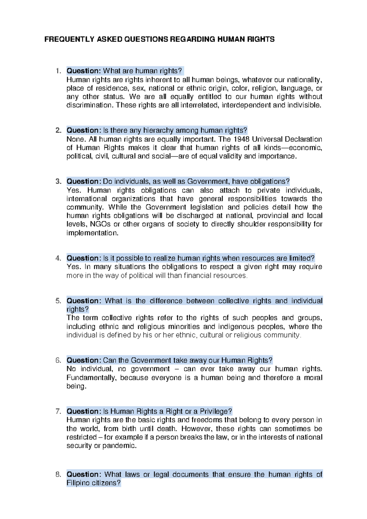 FAQ on Human Rights: Key Questions and Answers - Studocu