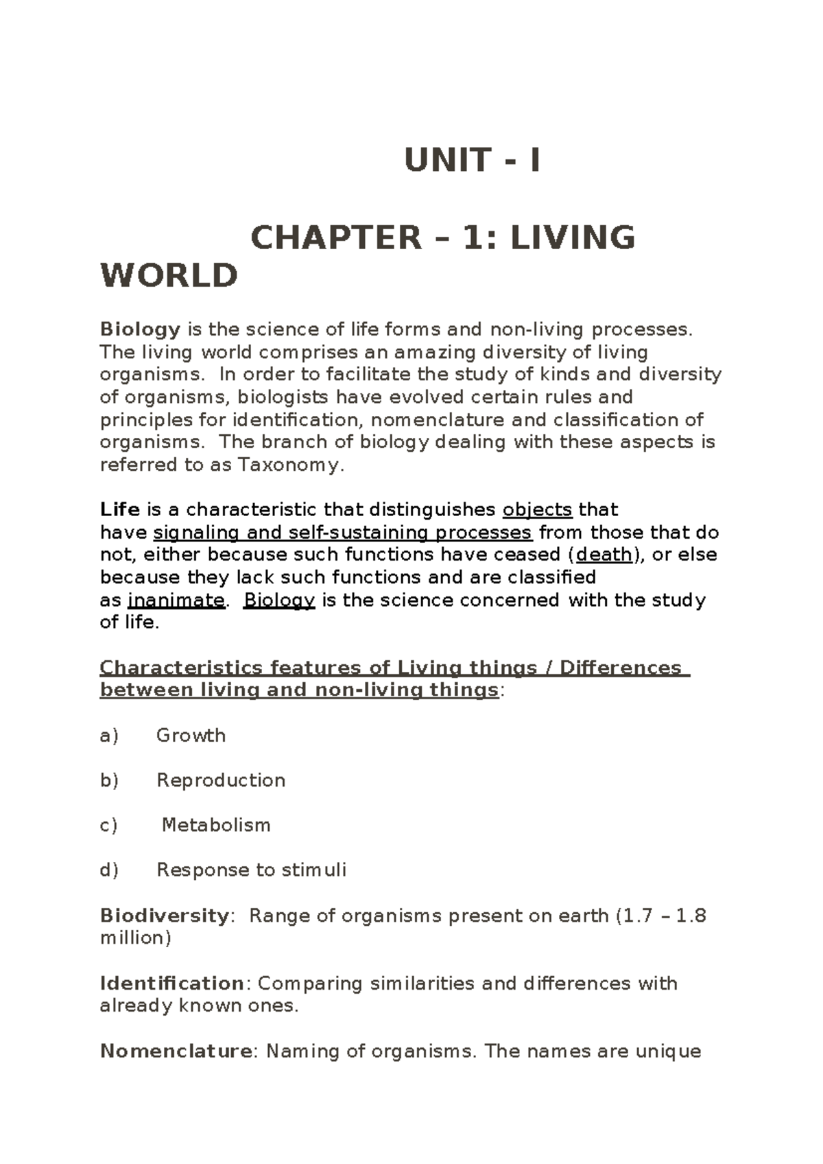 Biology 101: Unit I Chapter 1 - Living Organisms Notes - Studocu