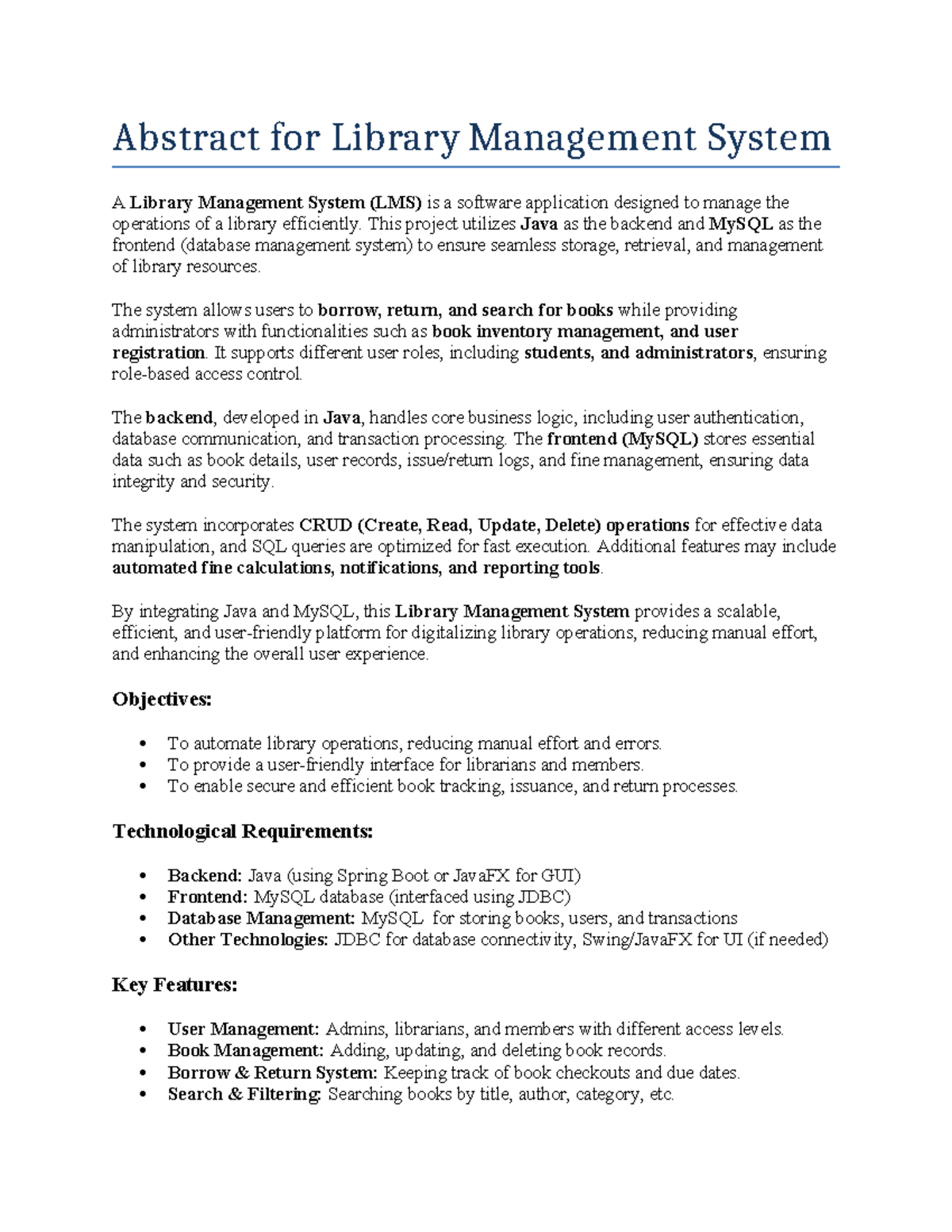 abstract for dbms proj - Abstract for Library Management System A ...