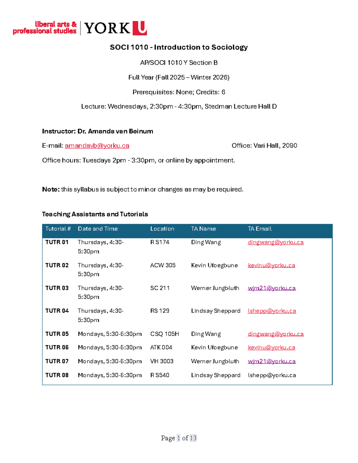 SOCI 1010B Introduction to Sociology Syllabus (Fall 2025 - Winter 2026 ...