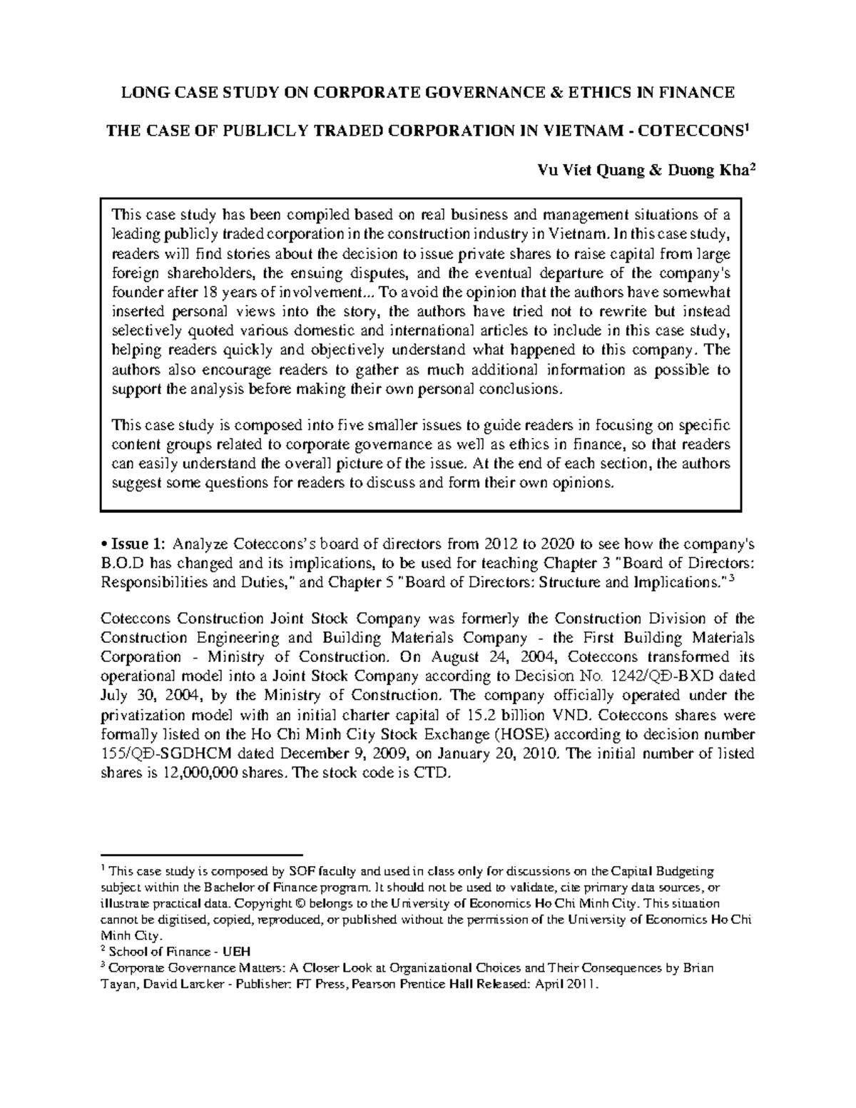 LONG CASE STUDY ON CORPORATE GOVERNANCE ETHICS IN FINANCE: COTECCONS ...