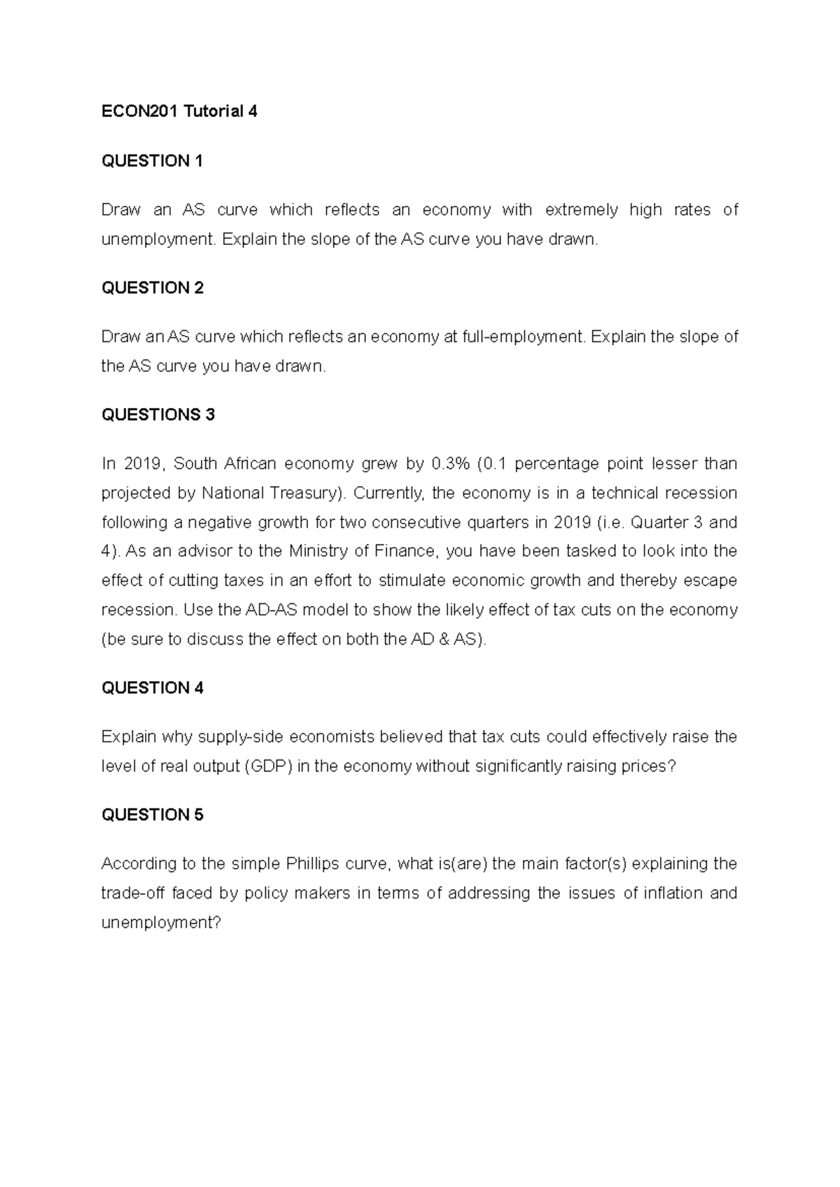 ECON201 Tutorial 4: AS Curve Analysis & Economic Policy Insights - Studocu