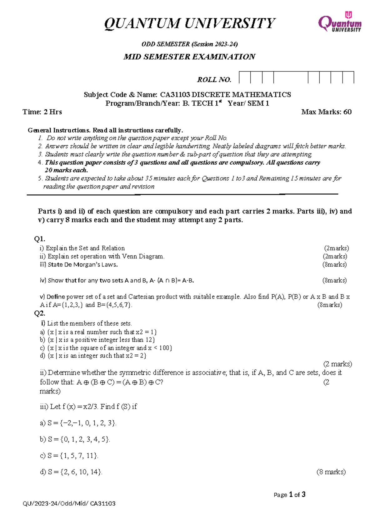 BCA CA31103 Discrete Mathematics Mid Semester Exam Paper - Studocu