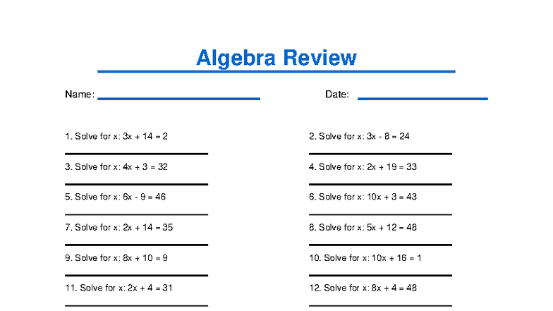 Algebra Review 1: Problem Solving for x and Word Problems - Studocu