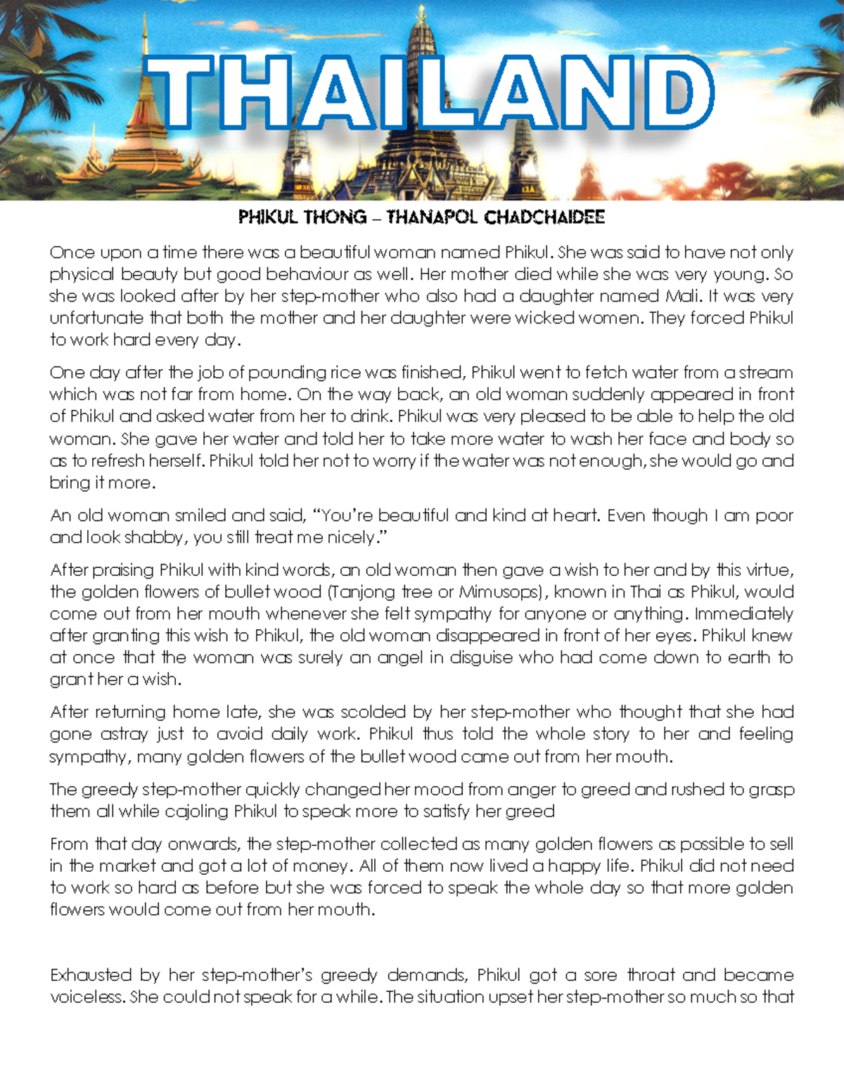 Thailand - PHIKUL THONG: A Folktale of Kindness and Greed - Studocu