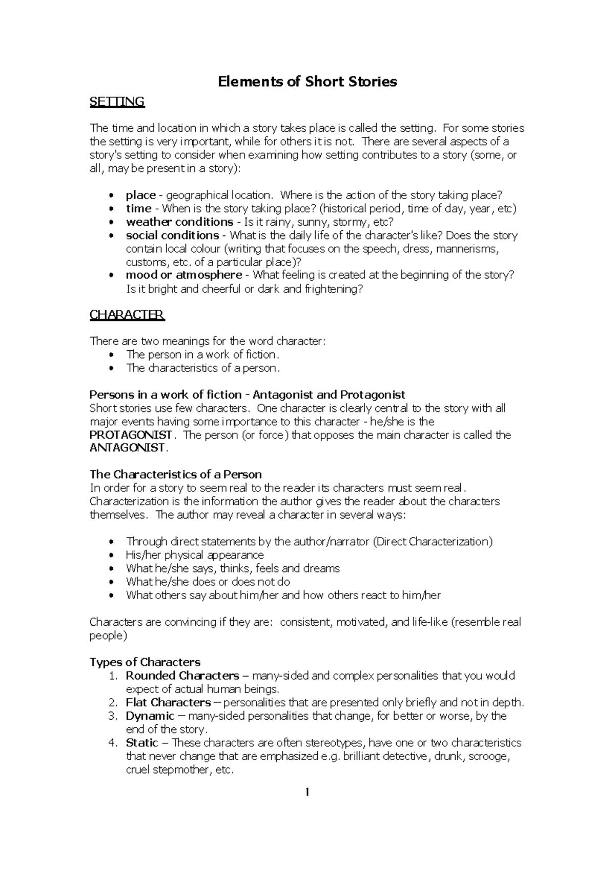 Elements of Short Stories (ENG 101) - Setting, Characters, Plot ...