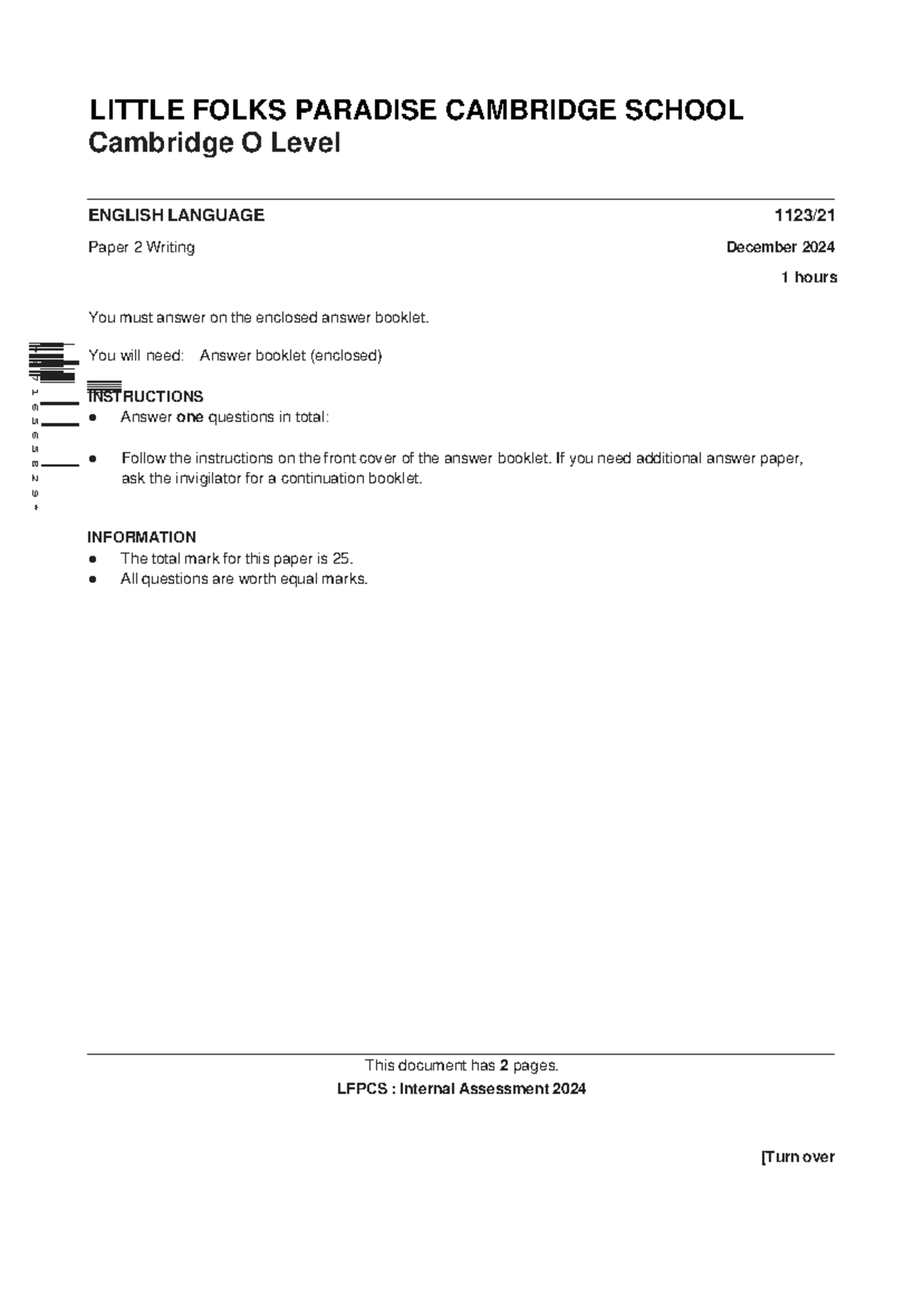 Midterm O Level English Paper 2 (1123) Writing December 2024 - Studocu