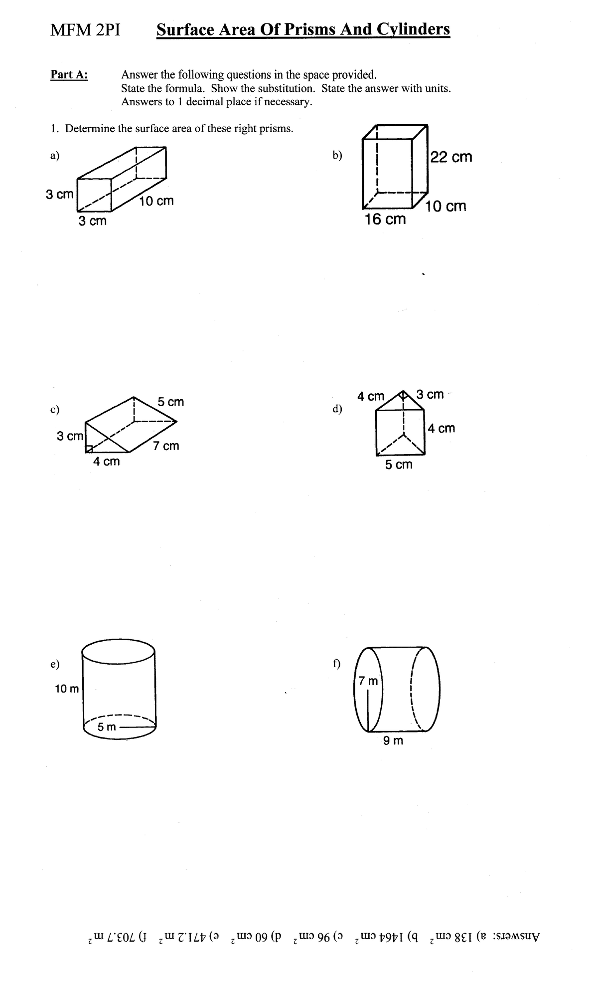 Surface Areas Of Prisms And Cylinders Worksheets Surface Area