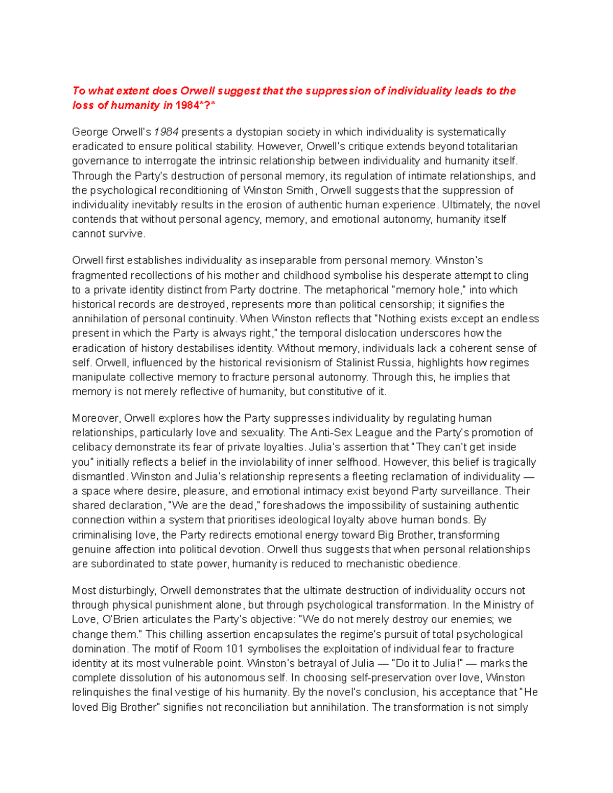 ENG 1984: The Loss of Humanity Through Individuality Suppression - Studocu