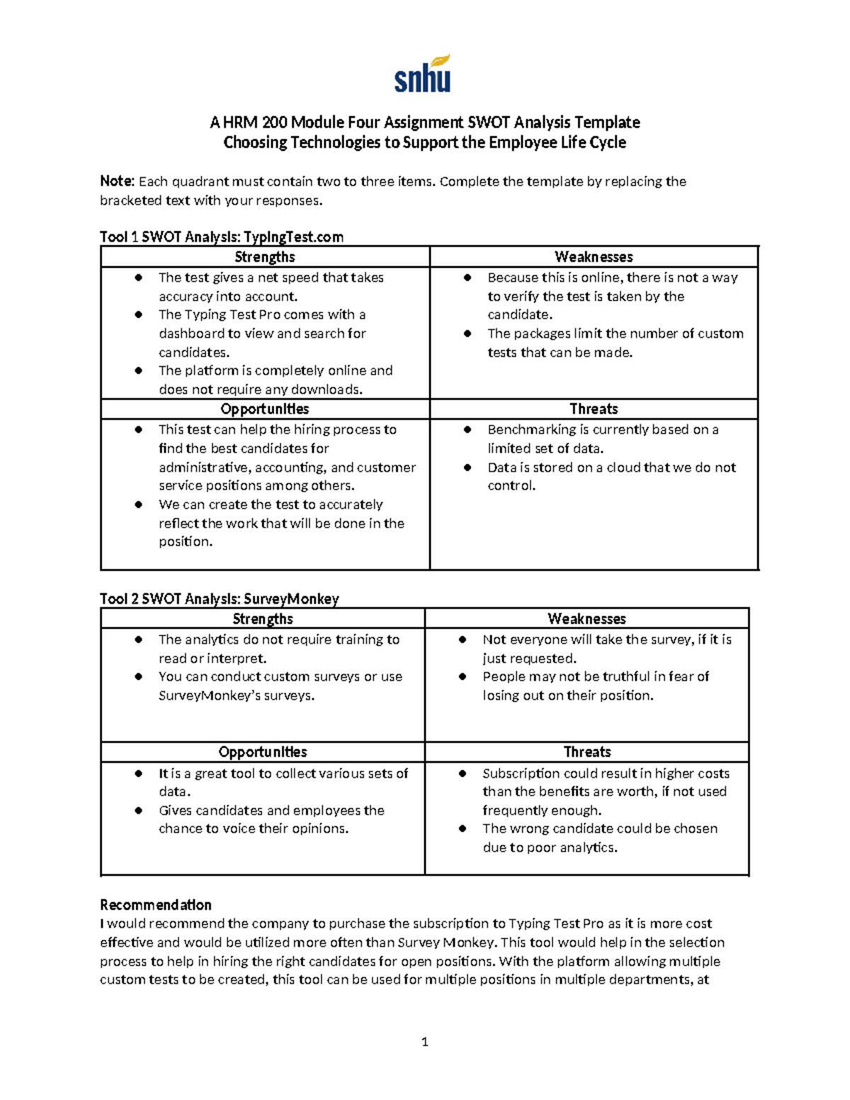 HRM 200 Module Four SWOT Analysis of Employee Life Cycle Tools - Studocu