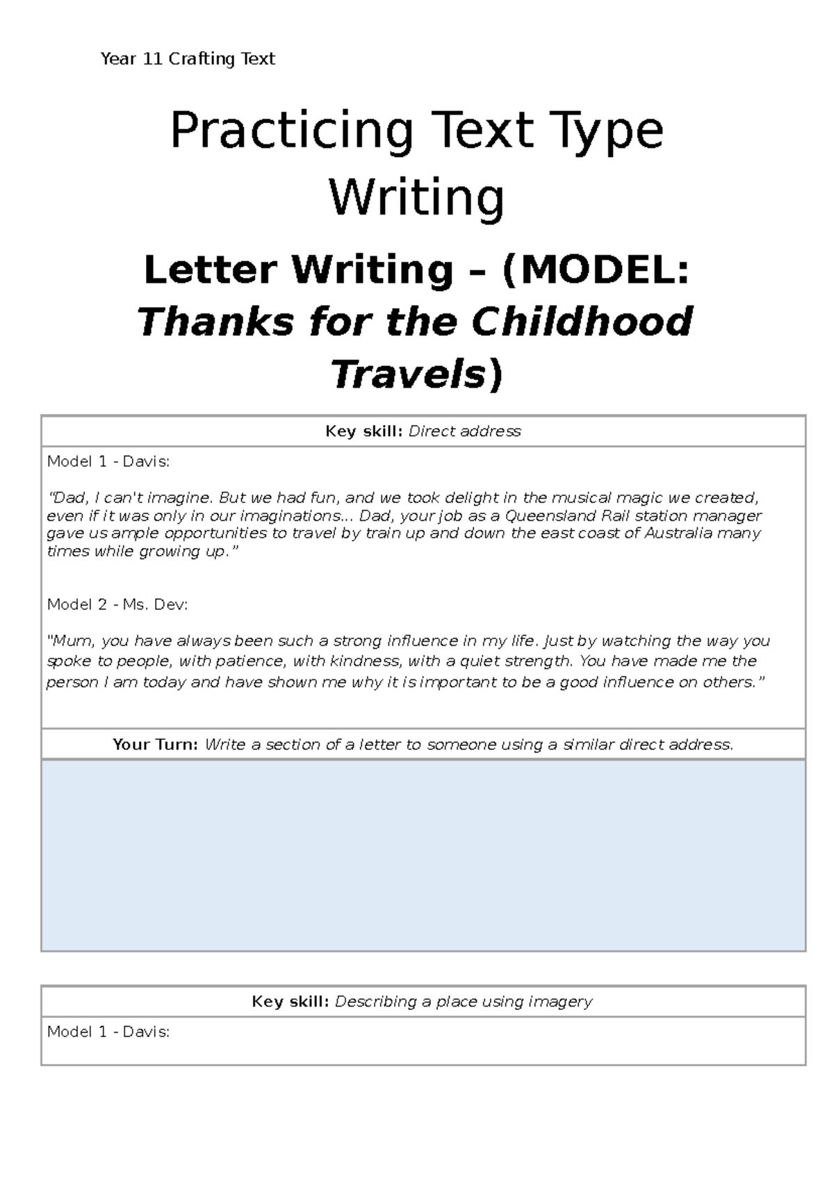 Year 11 Crafting Text: Practicing Letter Writing & Imagery Techniques ...