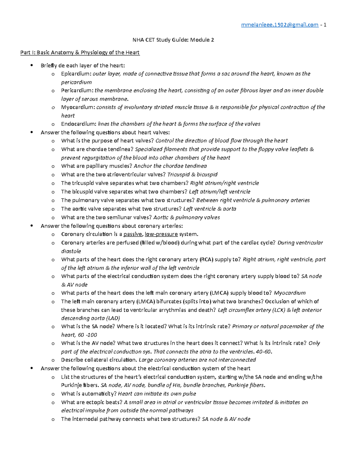 NHA CET Study Guide Module 2 - o Myocardium: consists of involuntary ...