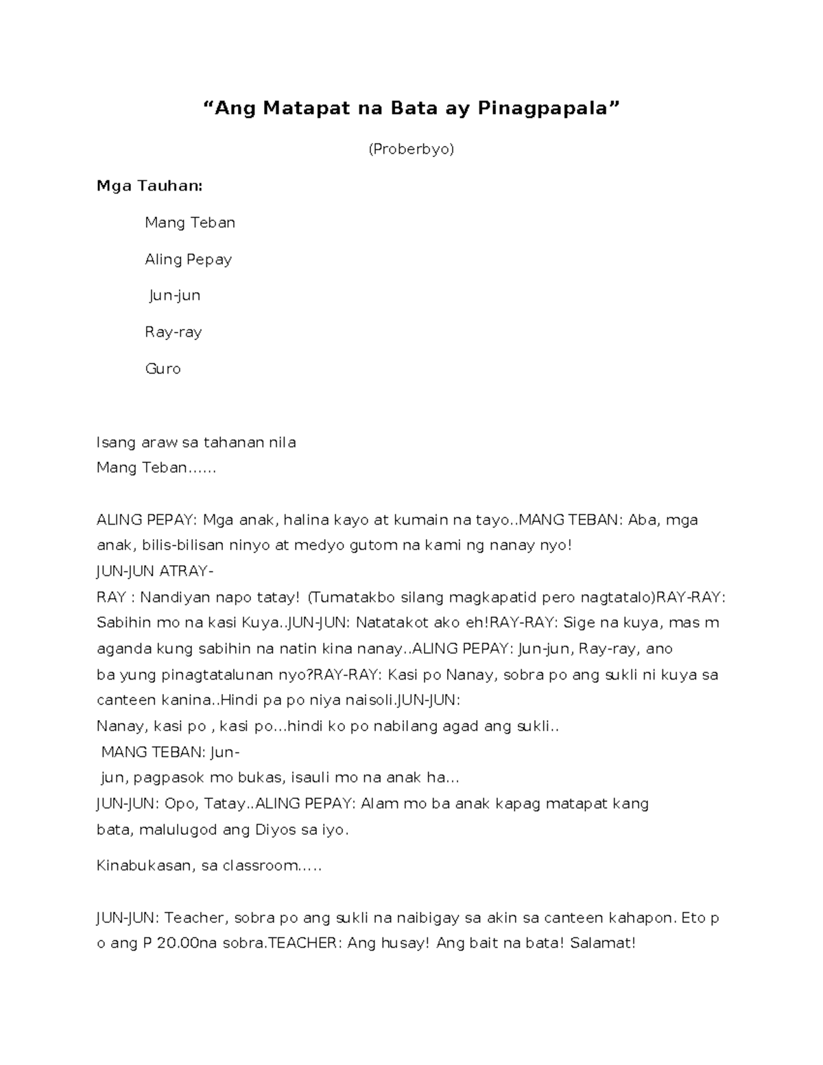 "Ang Matapat na Bata: Pagsusuri sa Kuwento ng Katapatan" - Studocu