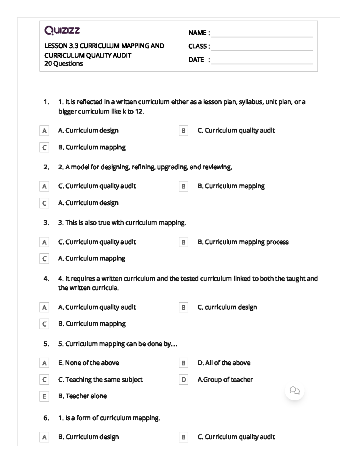 Lesson 3.3 Curriculum Mapping AND Curriculum Quality Audit - Quiz ...