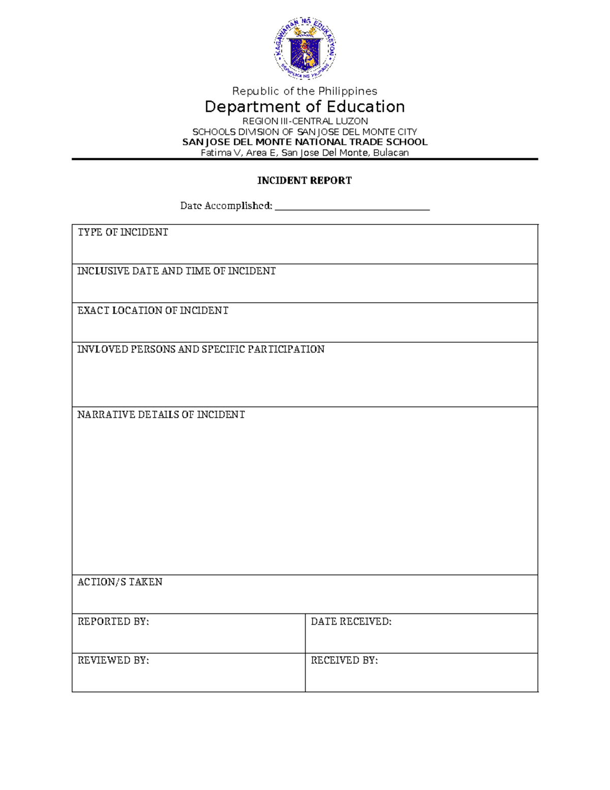 Incident- Report- Format - Republic of the Philippines Department of ...