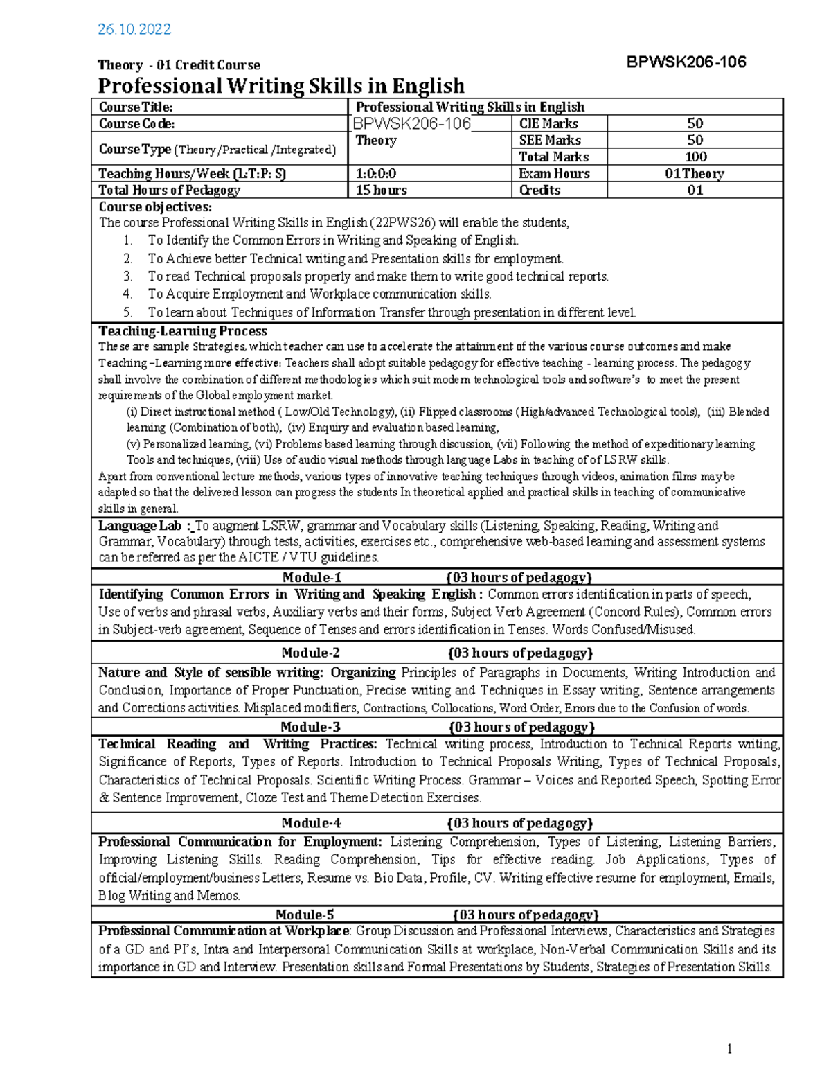 Professional Writing Skills - BPWSK 206 Course Overview and Assessment ...