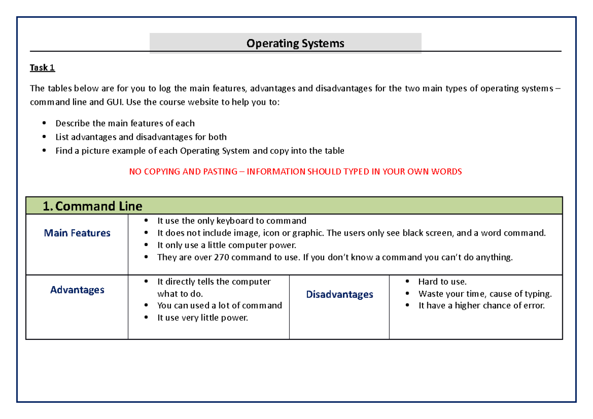 Operating Systems Task Sheet Operating Systems Task 1 The Tables Below Are For You To Log The