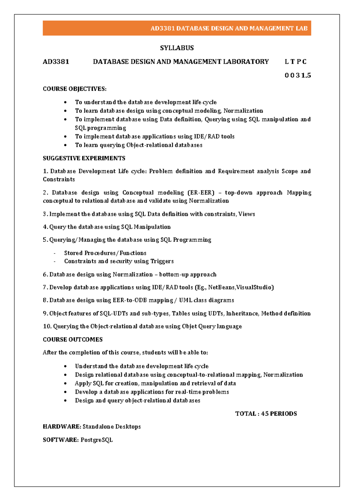 Lab Syllabus - AD3381 DATABASE DESIGN AND MANAGEMENT LAB SYLLABUS AD3381 DATABASE DESIGN AND ...