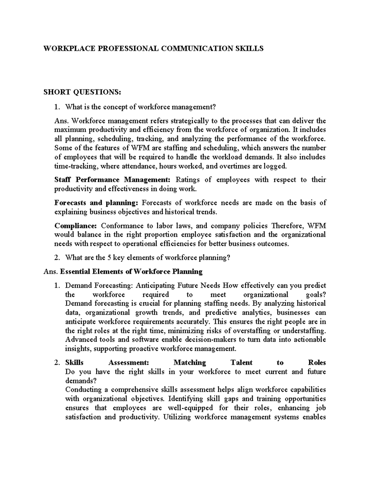 Answer - communication question - WORKPLACE PROFESSIONAL COMMUNICATION ...