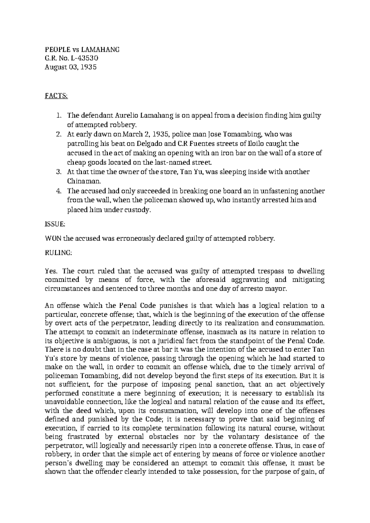 490190361 Case Study: People vs. Lamahang - Attempted Robbery Analysis ...