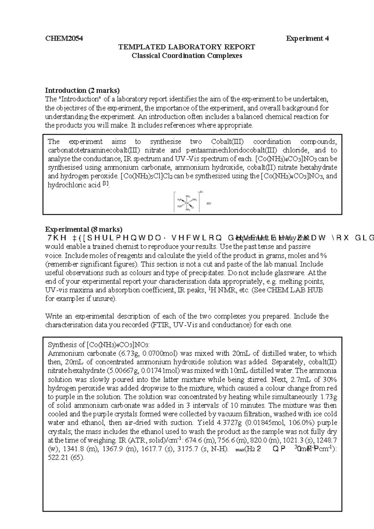 CHEM2054 Experiment 4 Laboratory Report on Coordination Complexes - Studocu