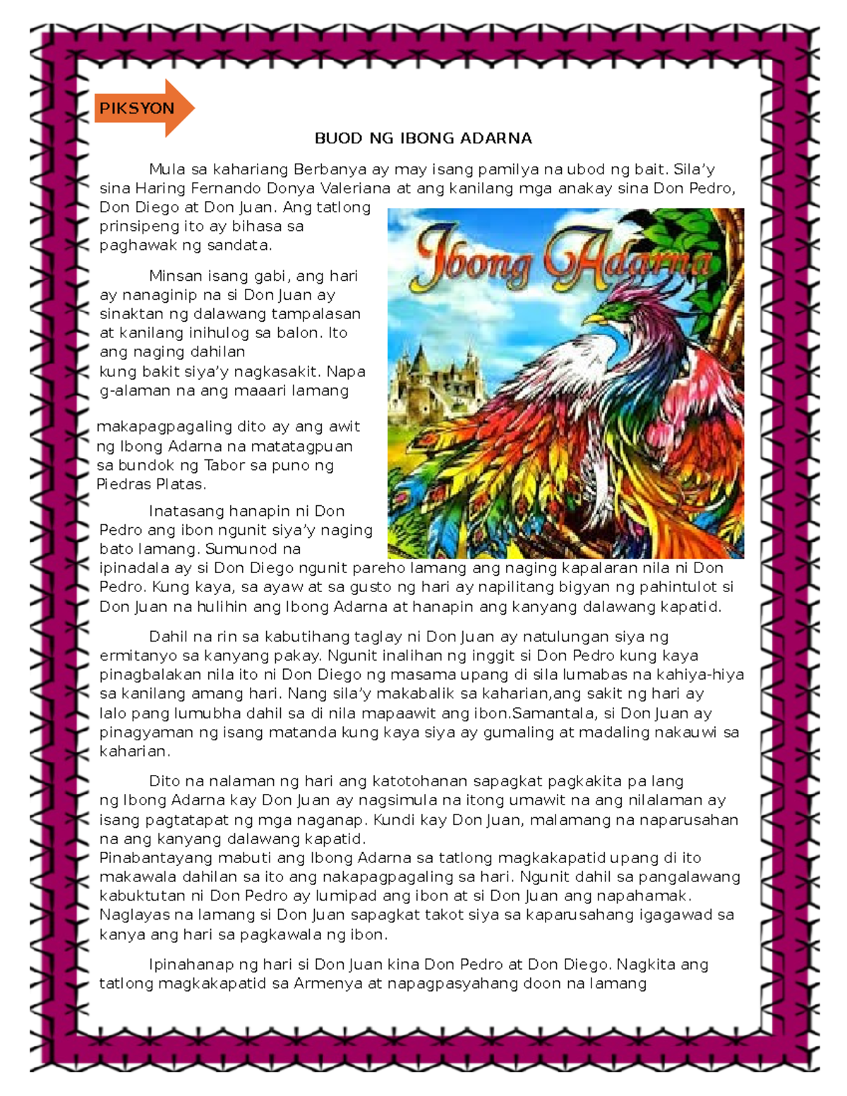 Piksyon - ibong adarna - PIKSYON BUOD NG IBONG ADARNA Mula sa kahariang ...