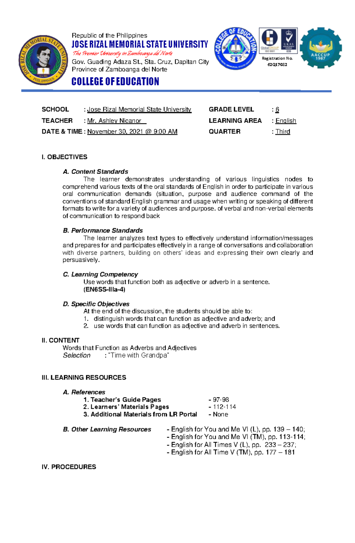 Sample Lesson Plan in English 6: Adjectives and Adverbs - Studocu