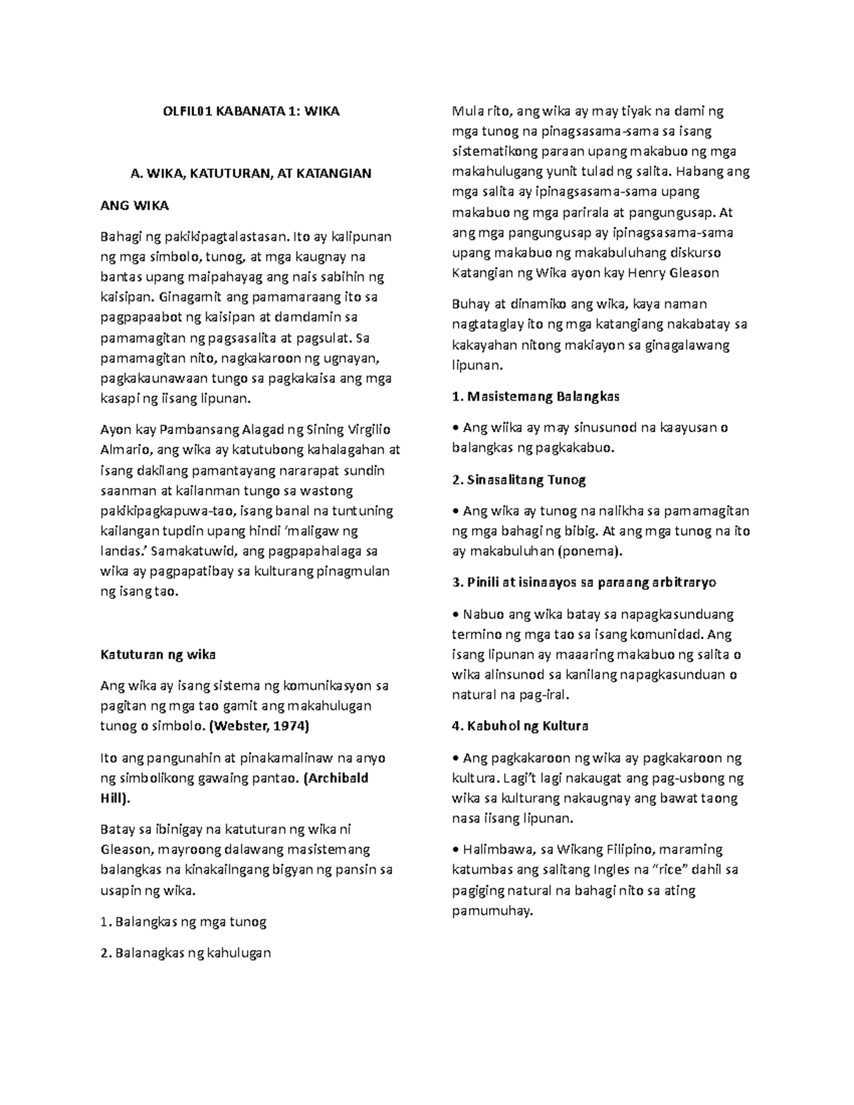 OLFIL01 - FILIPINO LECTURE NOTES: KABANATA 1 at 2 Overview - Studocu