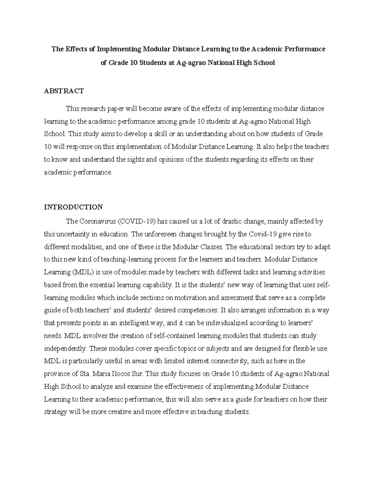 The Impact of Modular Distance Learning on Grade 10 Students ...