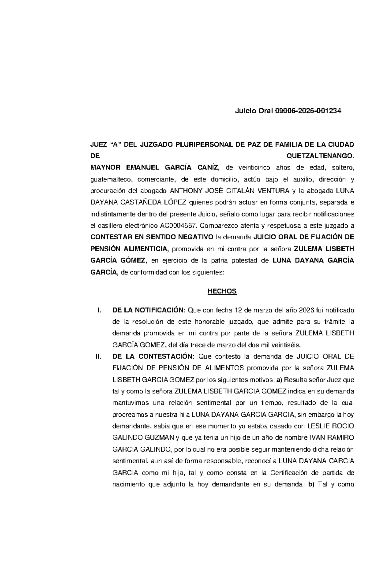 Contestación a la Demanda de Juicio Oral de Pensión Alimenticia - Studocu
