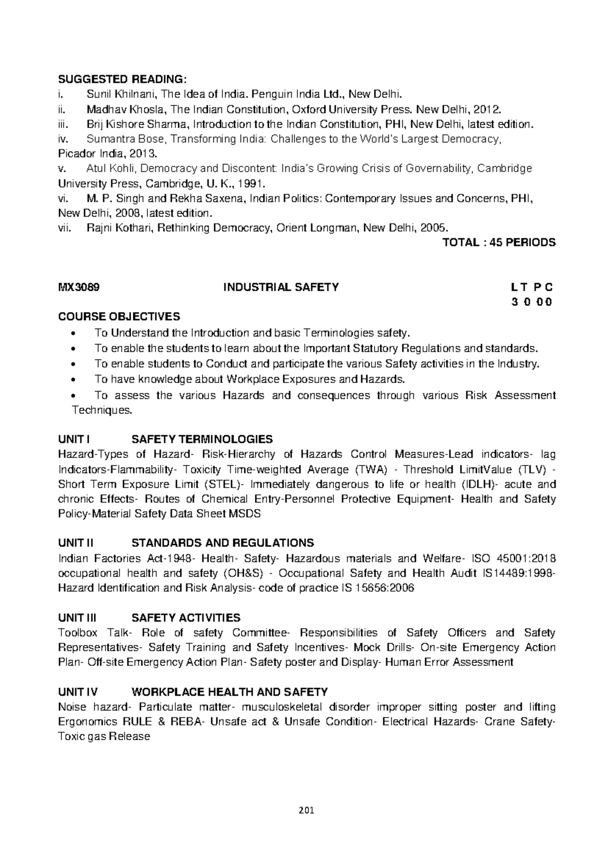 Industrial Safety Course MX3089: Suggested Readings and Objectives ...