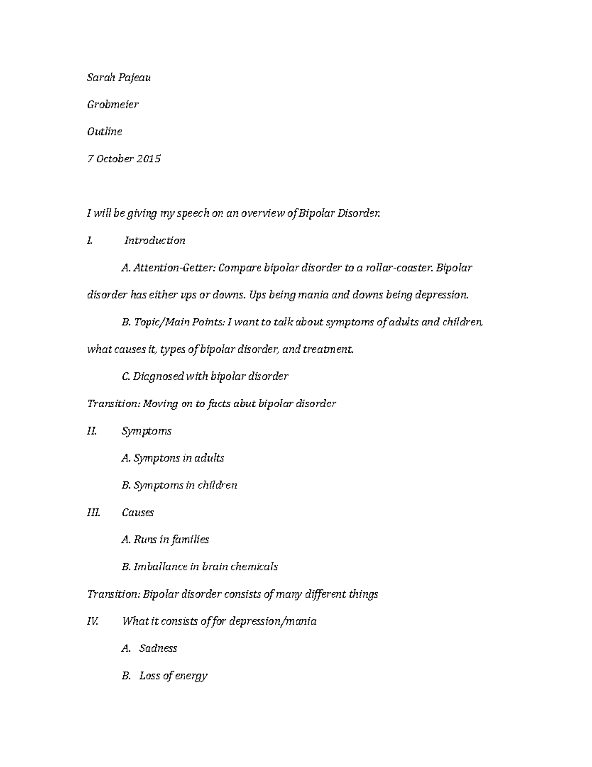 Bipolar Disorder Overview: Speech Outline and Key Points - Studocu