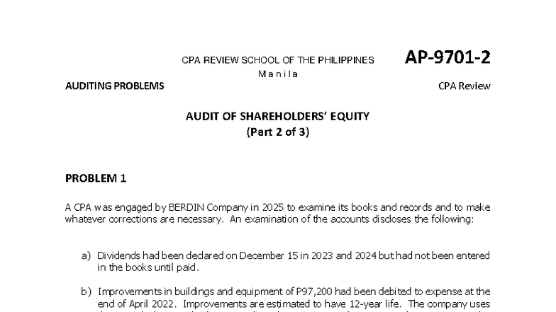AP 9701-2 SHE - Auditing Problems: Equity Audit Review - Studocu