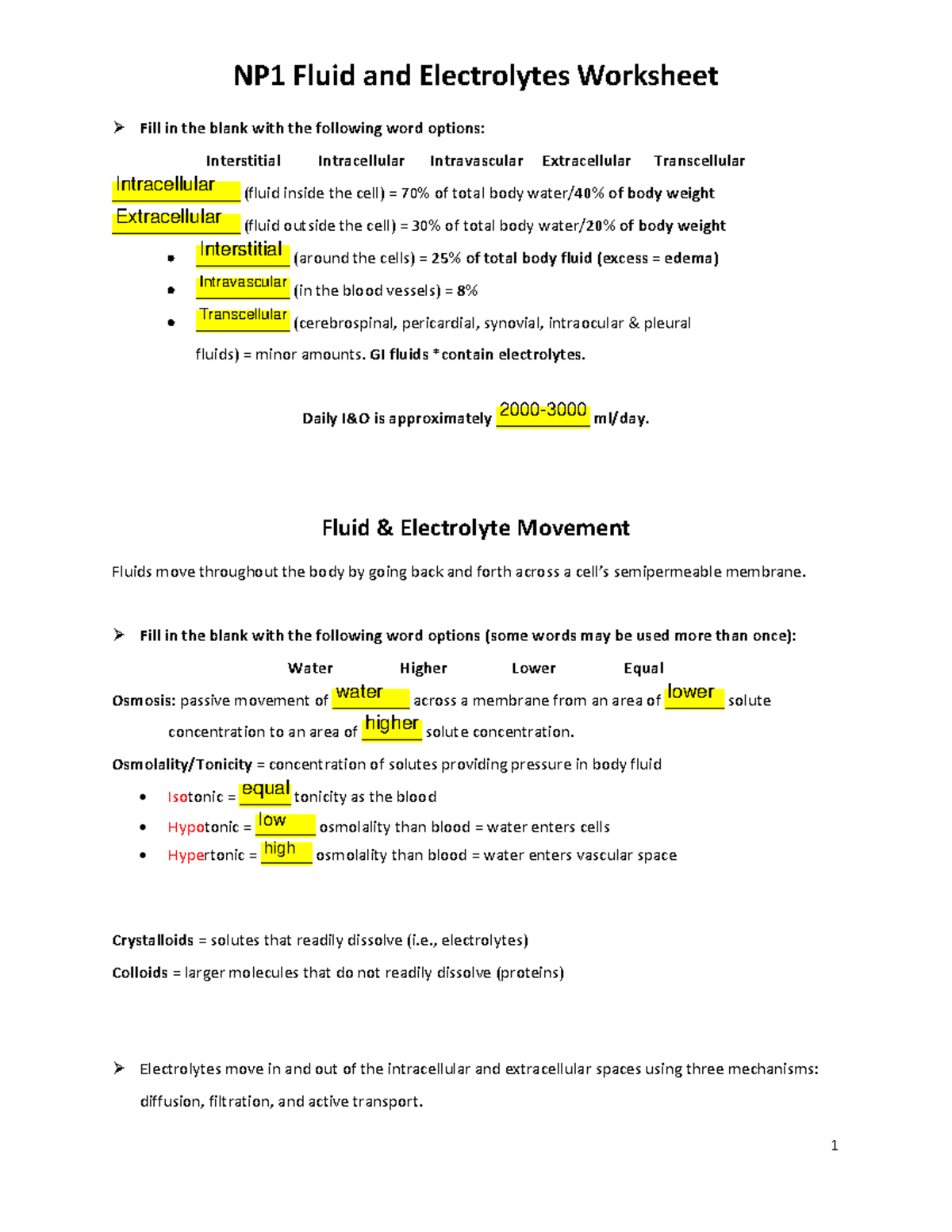 Fluid and Electrolyte NP1 Worksheet for Student Review - Studocu