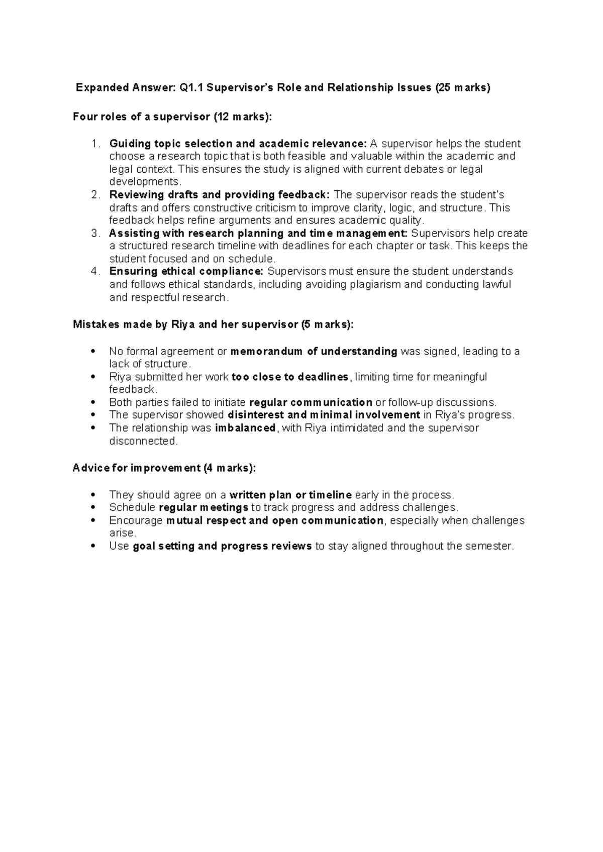 Expanded Answer: Q1.1 Supervisor Roles & Research Ethics (25 marks ...