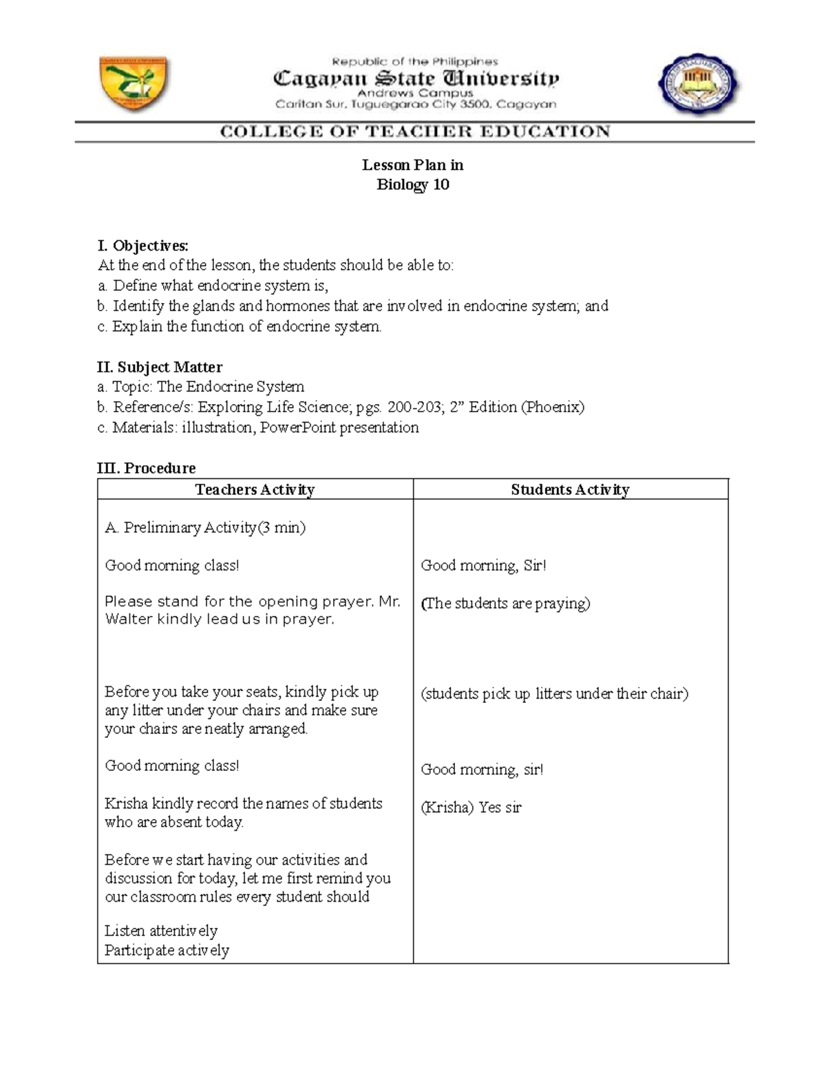 Detailed Lesson Plan on the Endocrine System (Bio 10) - Studocu