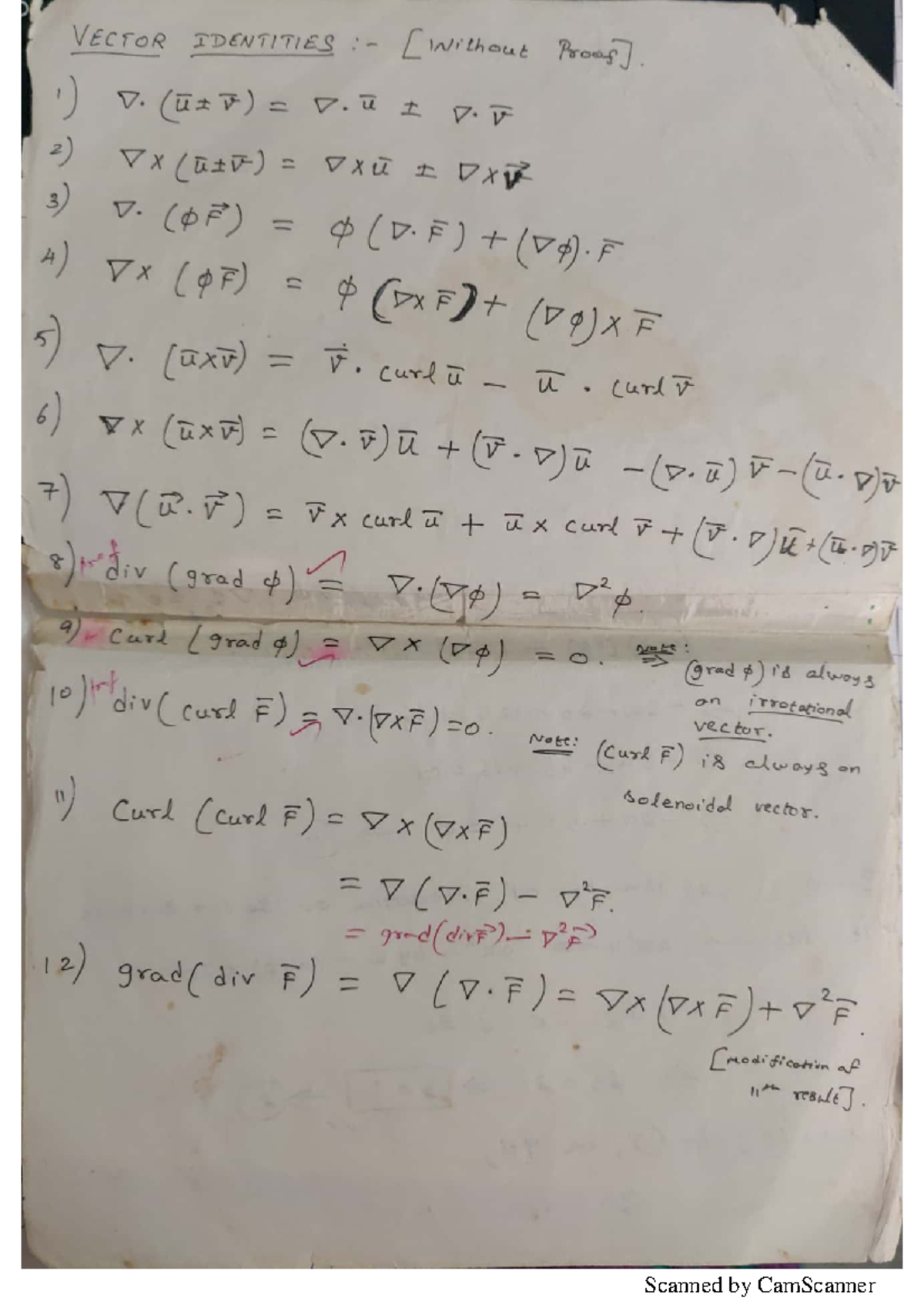 VECTOR IDENTITIES - [Without Proof] for Course Code: VECT101 - Studocu